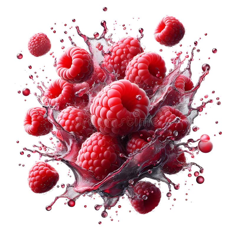 A Splash of Raspberry Juice Surrounds a Cluster of Raspberries, Some of ...