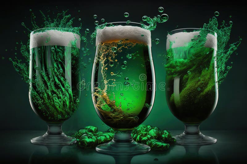 Splash of Refreshing Three Glasses of Green Beer Stock Illustration ...