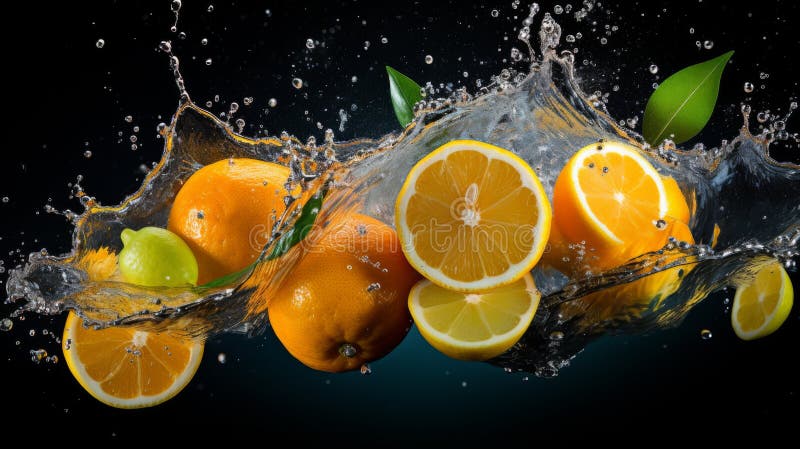 Splash Sliced Lemon Water Drops Over Dark Background Stock Photos ...