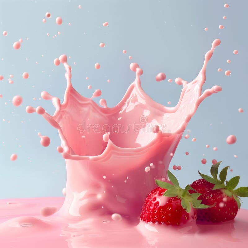 Splash of Strawberry Milk with Fresh Strawberries on Light Blue ...