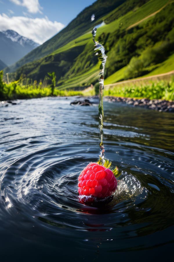 Splash Water Aggregate Raspberry Fruit with Droplets Catching the ...
