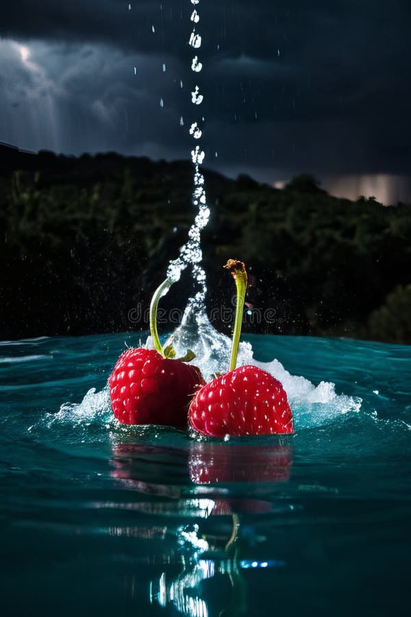 Splash Water Aggregate Raspberry Fruit Surrounded by a Storm of Water ...
