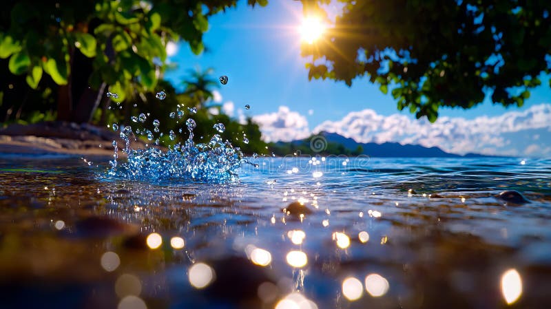 A Splash of Water on the Beach with the Sun Shining through the Trees ...