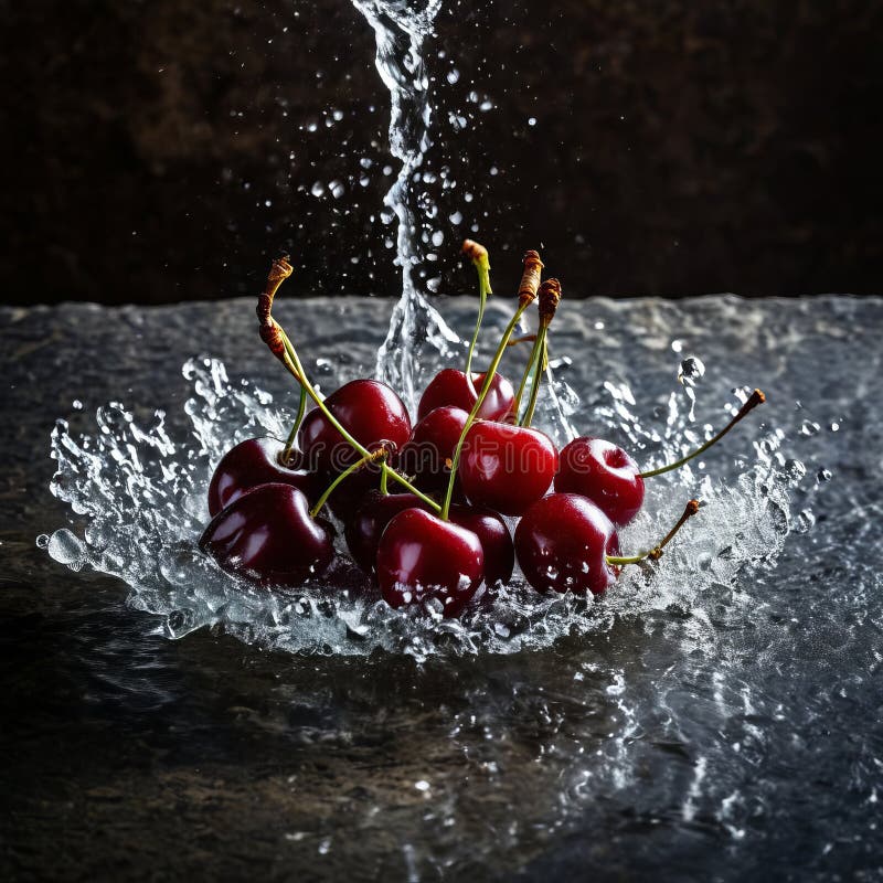 Splash Water Cherries with a Burst of Water on a Rustic Stone Surface ...