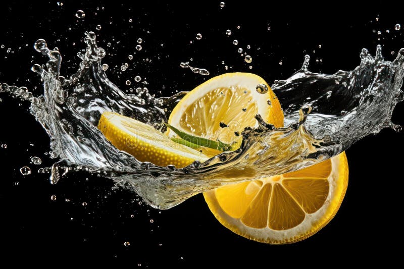 Splash of Water with Lemon Slices, Dark Background, Capturing the ...