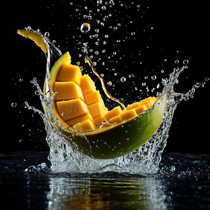 Splash Water Mango Descending Down a Cascade of Droplets Creating a ...