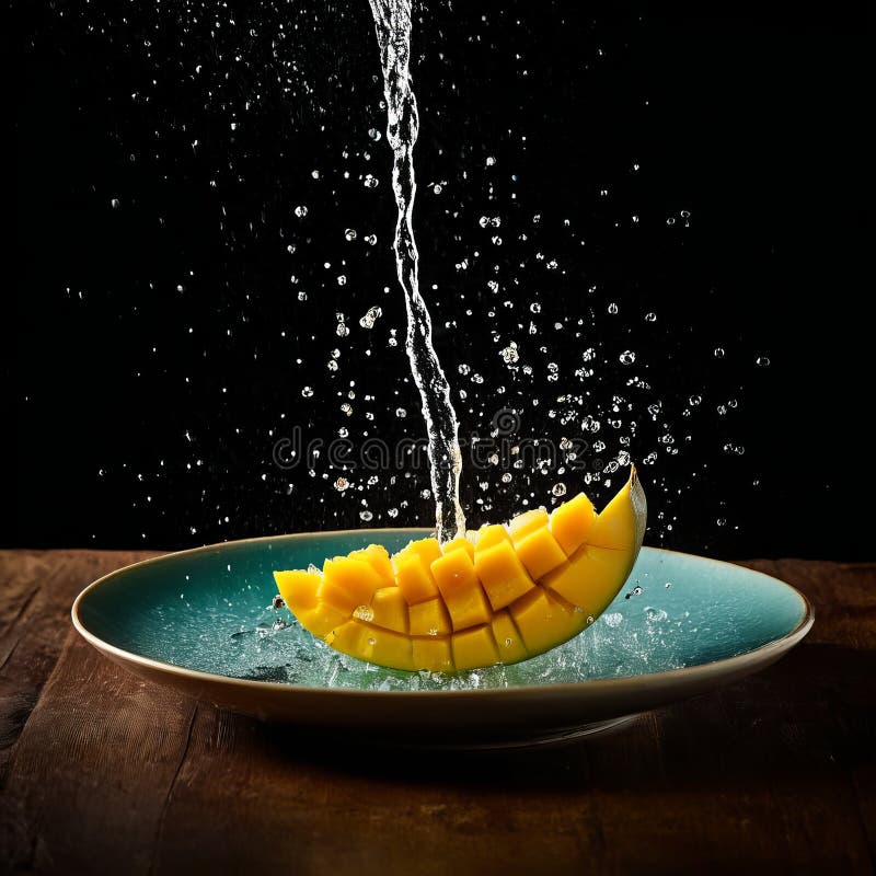 Splash Water Mango Exploding through a Thin Spray of Water Each Droplet ...