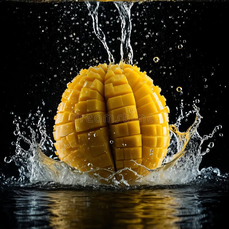 Splash Water Mango Plunging through a Cascade of Water Droplets ...
