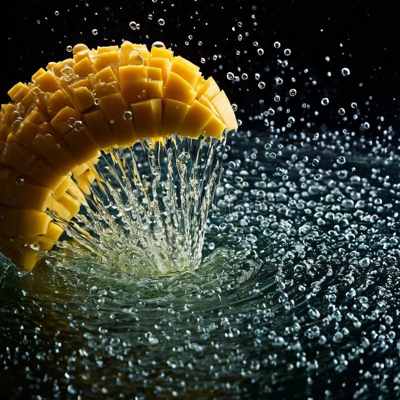 Splash Water Mango Surrounded in a Spiral of Droplets Each Bead of ...