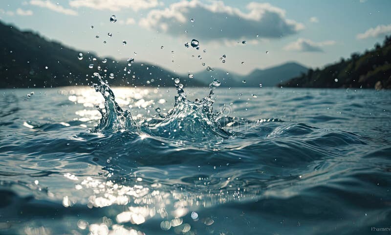 A Splash of Water is Seen in the Ocean, with Mountains in the ...
