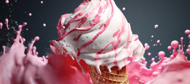 Splash Wave of Strawberry Milk Ice Cream Cone Background Stock ...