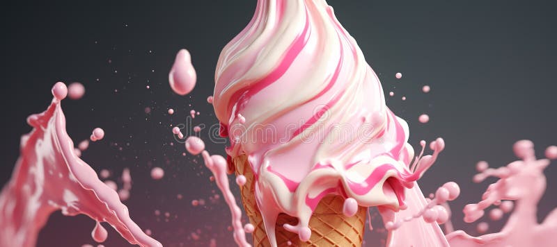 Splash Wave of Strawberry Milk Ice Cream Cone Background Stock ...