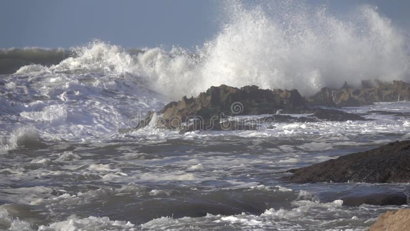 Splashes Ocean Big Waves Over Cliffs, Slow Motion Stock Video - Video ...