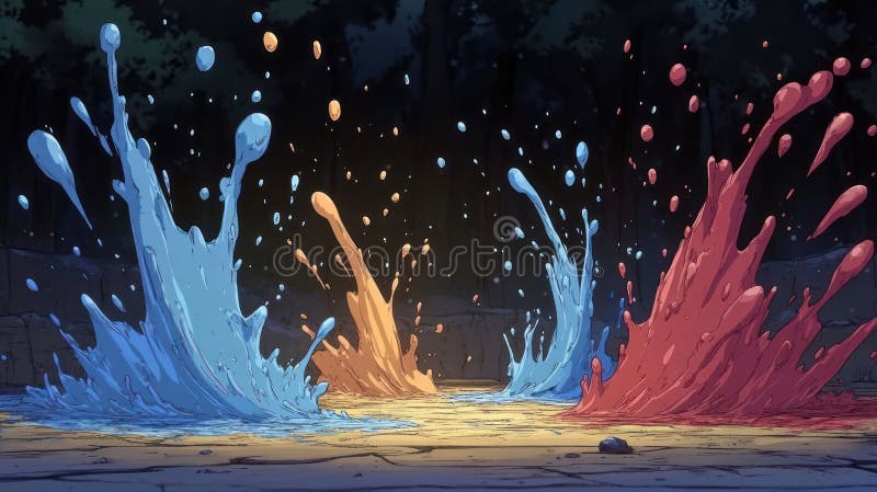 Splashes of Blue and Red Water Create a Vibrant Scene Against a Dark ...