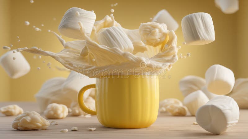 Splashes of Creamy Milk and Marshmallows in a Bright Yellow Cup on a ...