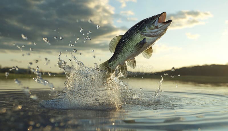 With Splashes and Drops, the Bass Leaps Out of the Water. Stock Image ...
