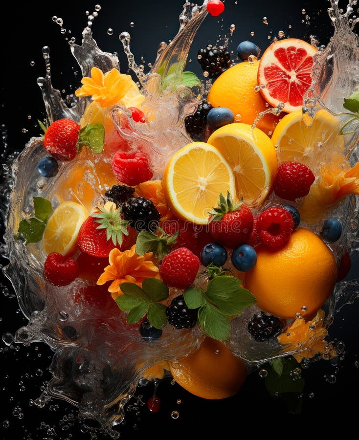 The Splashes of Fruits into One Another. a Bunch of Fruit is Splashing ...