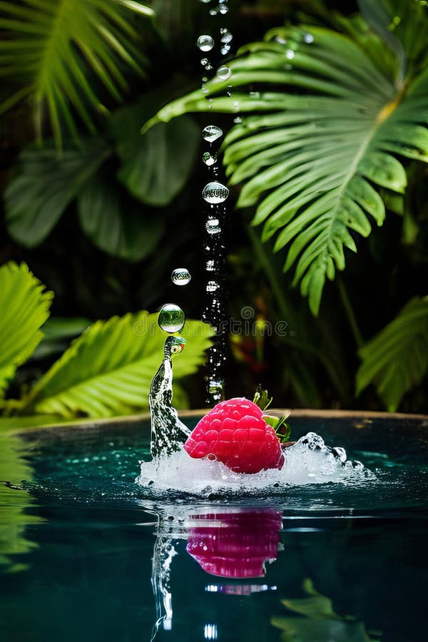 Splash Water Aggregate Raspberry Fruit with Droplets Generating a Mist ...