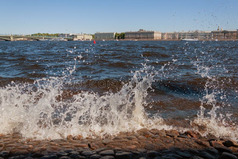 Splashes of Water from the Wave Running on the Stone Embankment. Summer ...