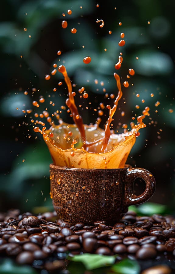 Splashing Coffee in Cup with Coffee Beans Stock Photo - Image of ...
