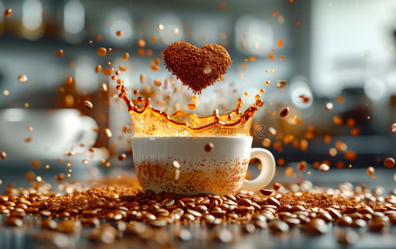 Splashing Coffee with Splash of Heart. Heart Shaped Coffee Beans ...
