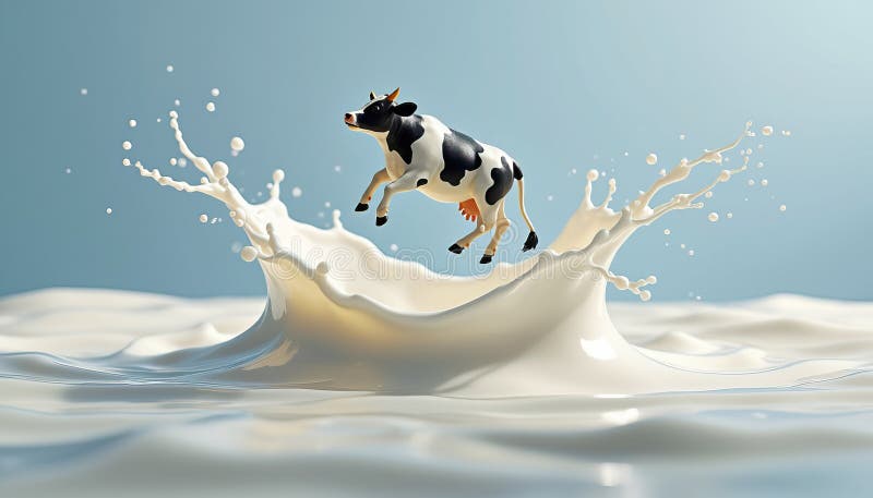 Splashing Cow: Vibrant Dairy Scene with Milk and Cow in Motion Stock ...