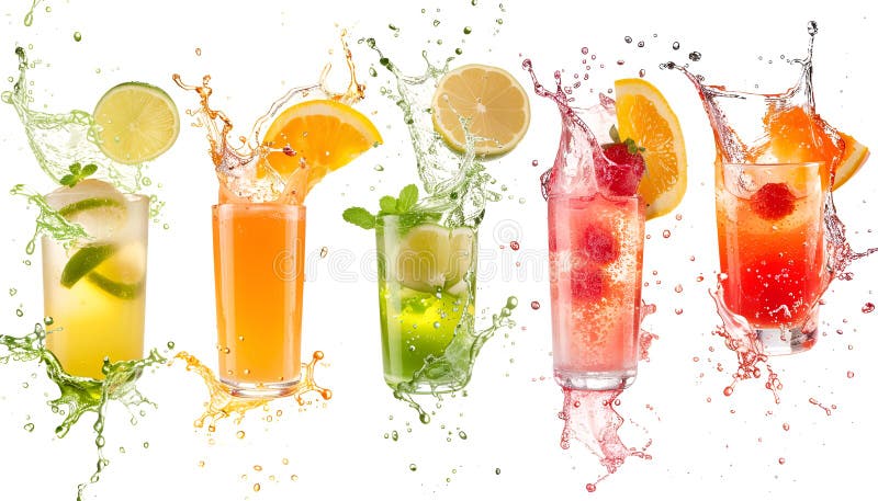 Splashing Different Fresh Juices Isolated on White, Collage Design ...