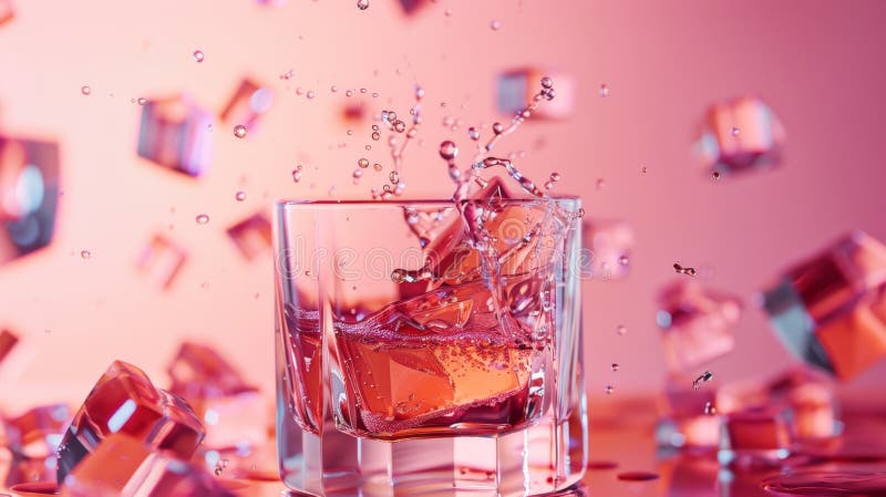 Splashing Drink with Ice Cubes Against a Pink Background Stock Image ...