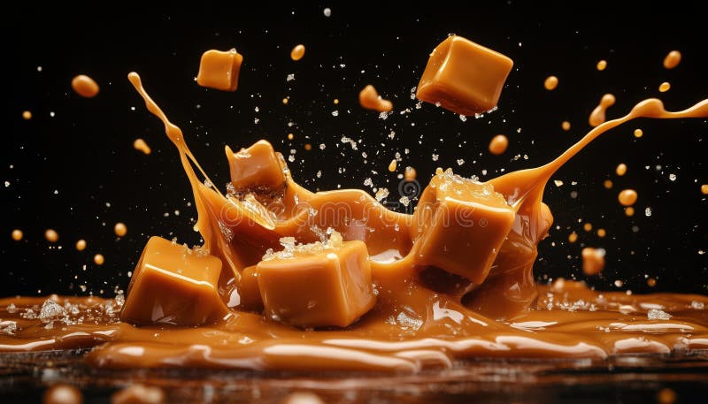 Splashing and Exploding Molten Caramel with Broken Salted Pieces on a ...
