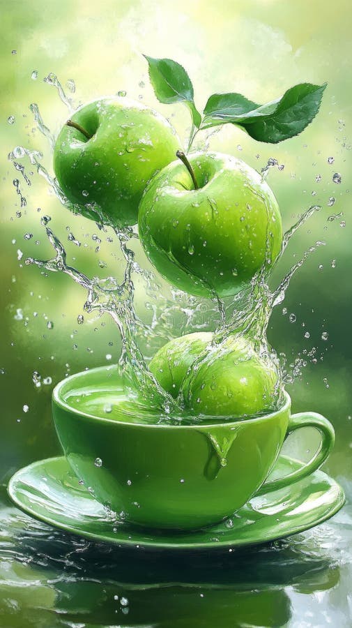 Splashing Green Apples in a Tea Cup with a Refreshing Concept Stock ...