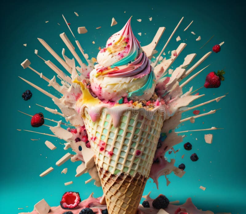 Splashing Ice Cream with Berries and Fruits Stock Illustration ...