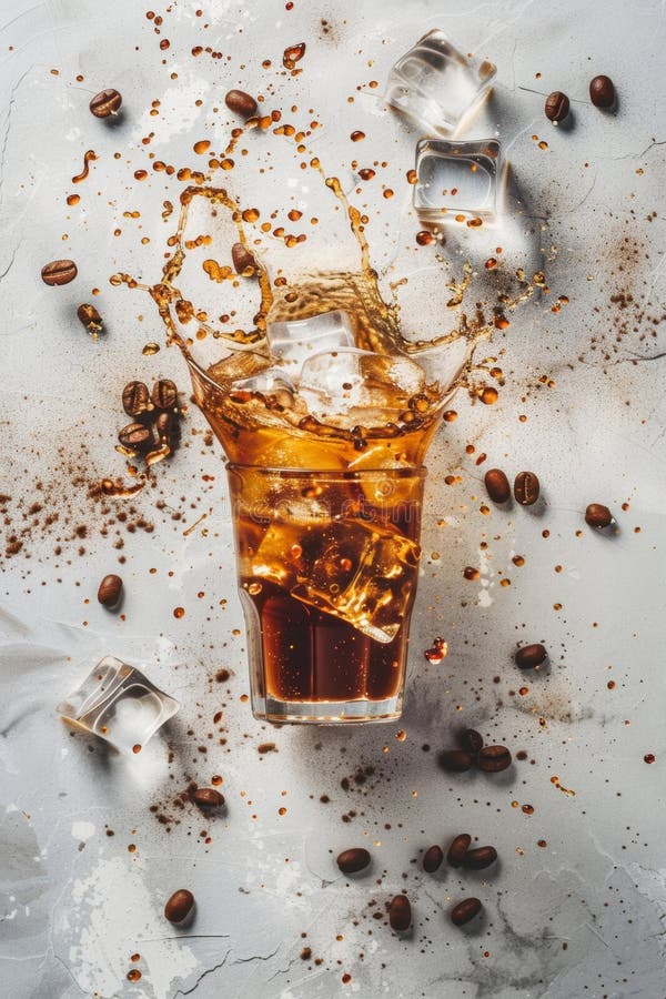 Splashing Iced Coffee with Flying Ice Cubes Stock Illustration ...