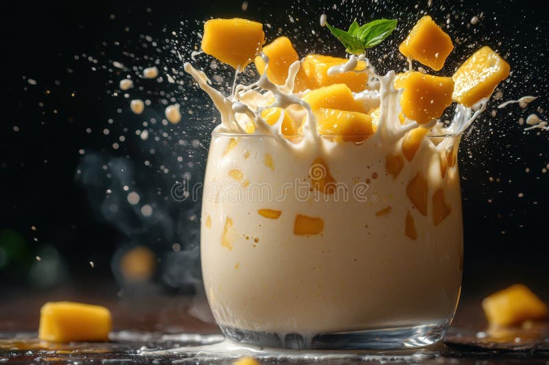 Mango Lassi Splash with Yogurt and Mango Chunks Captured in High-speed ...