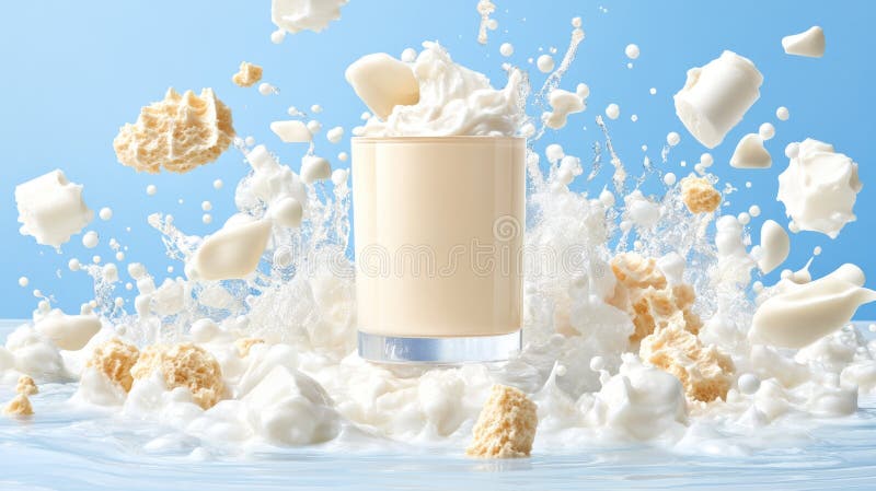 Splashing Milk and Popcorn Explosion with Creamy Texture on Blue ...