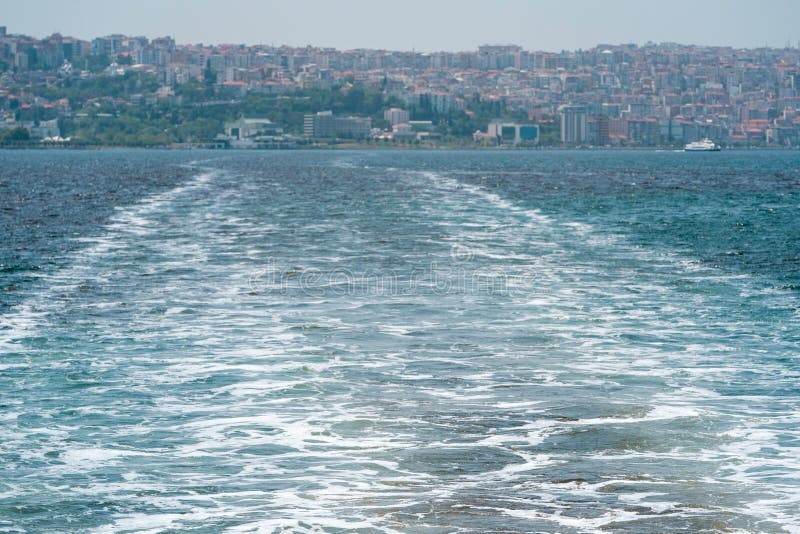 Splashing of Sea Waves Behind Passenger Ferry or Ship at Sea Stock ...