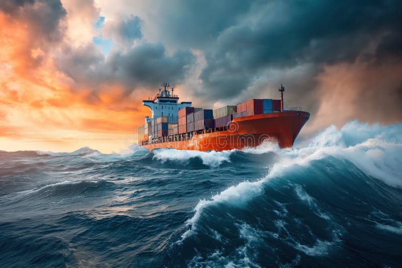 During Splashing Storm of Big Waves and Strong Winds, Container Ship ...
