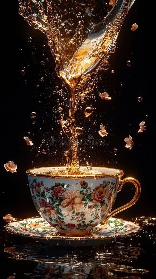Splashing Tea in Floral Teacup with Floating Petals Stock Image - Image ...