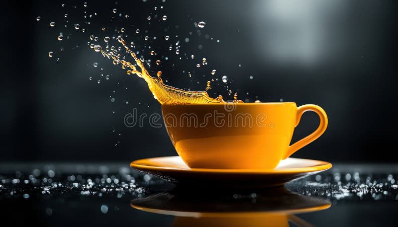 Splashing Tea from a Yellow Cup on a Glossy Surface with Droplets in ...
