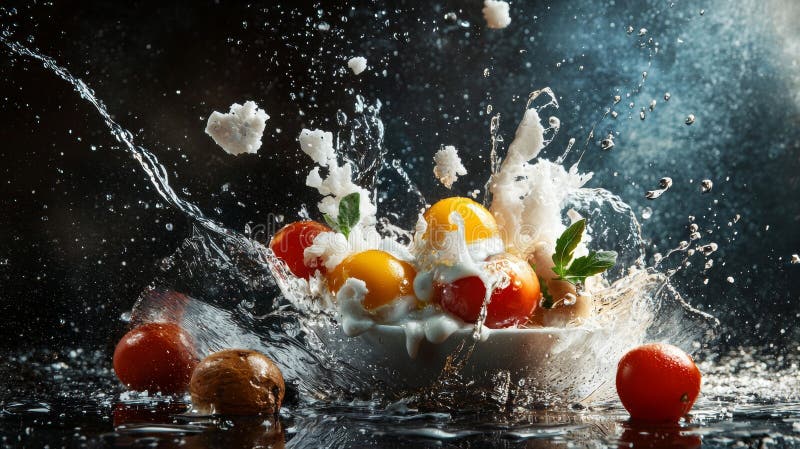 Splashing Tomatoes and Feta Cheese in Water Stock Image - Image of ...