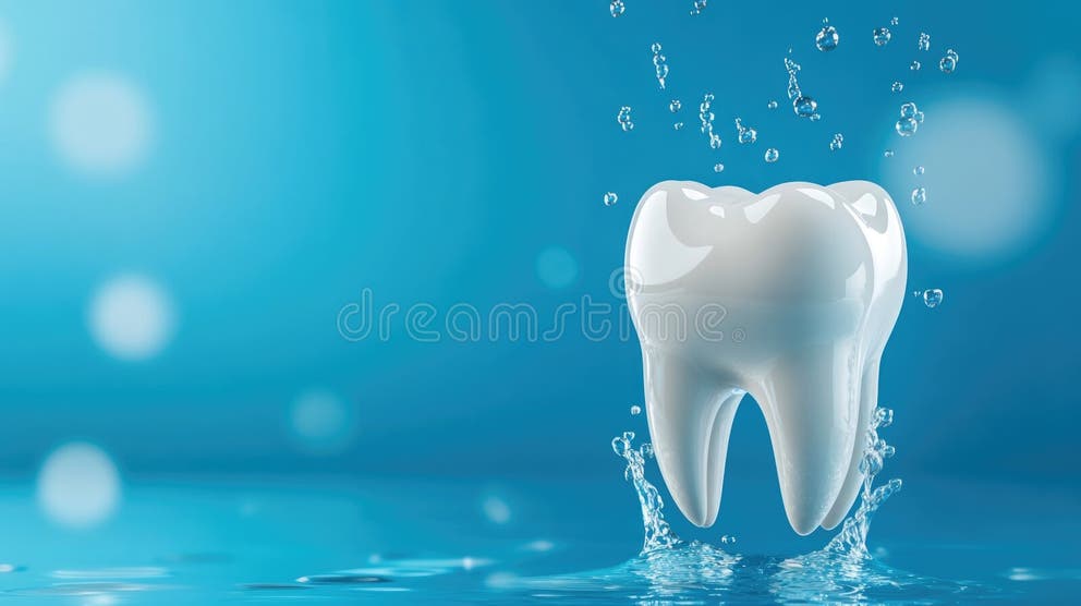 Splashing Tooth Floating in Water with Bubbles on Blue Background Stock ...