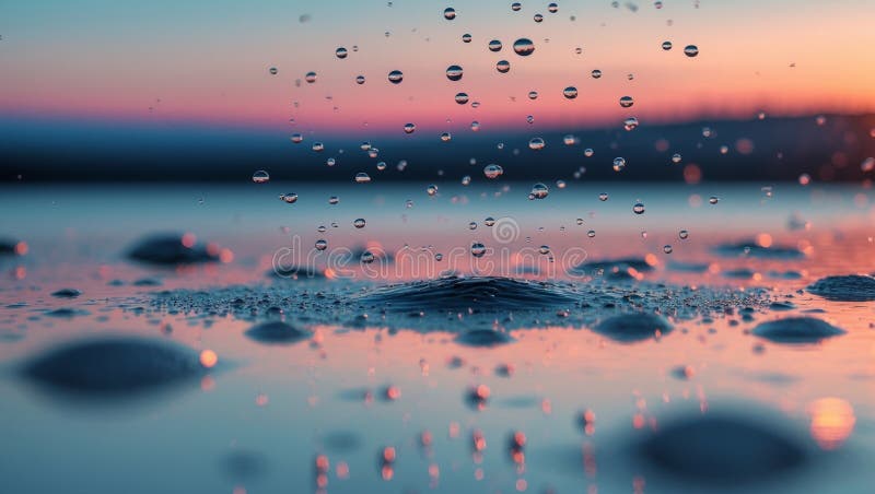 Splashing Water Droplets at Sunset Over Calm Lake Surface. Stock Photo ...