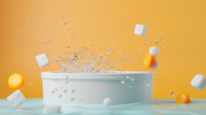 Splashing Water and Floating Elements in a Vibrant Setup Stock Image ...