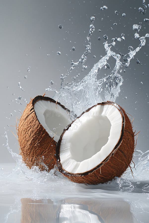 Splashing Water and Fresh Coconut Halves on Reflective Surface Stock ...