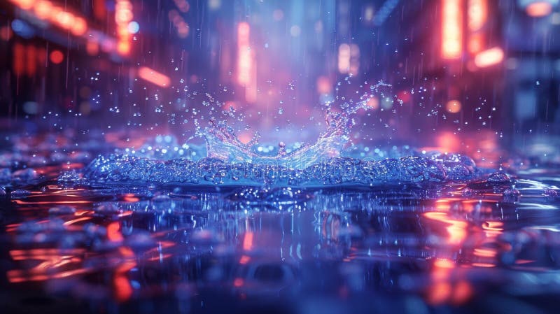 Splashing Water in Neon Cityscape - Generative Ai Stock Illustration ...