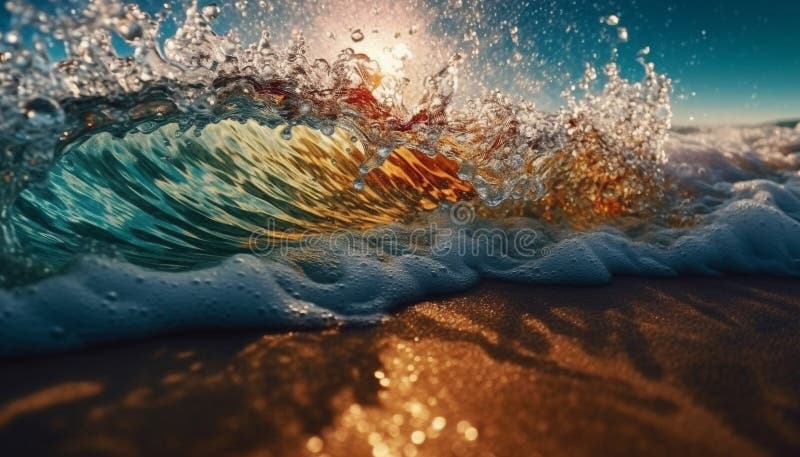 Splashing Waves Reflect Sunlight on Wet Sand Generated by AI Stock ...