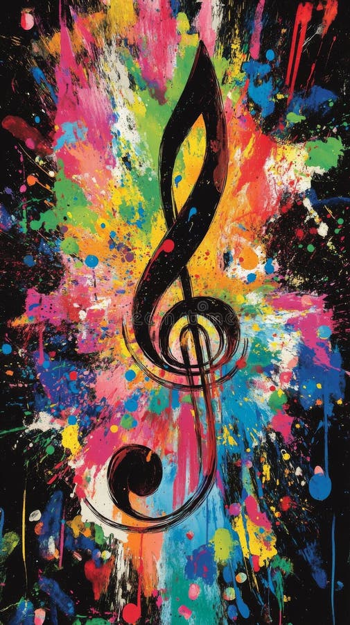 Splatter Art with Black Treble Clef and Vibrant Colors Stock Photo ...