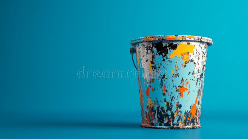Splattered Paint Bucket with Various Colors on a Solid Blue Background ...