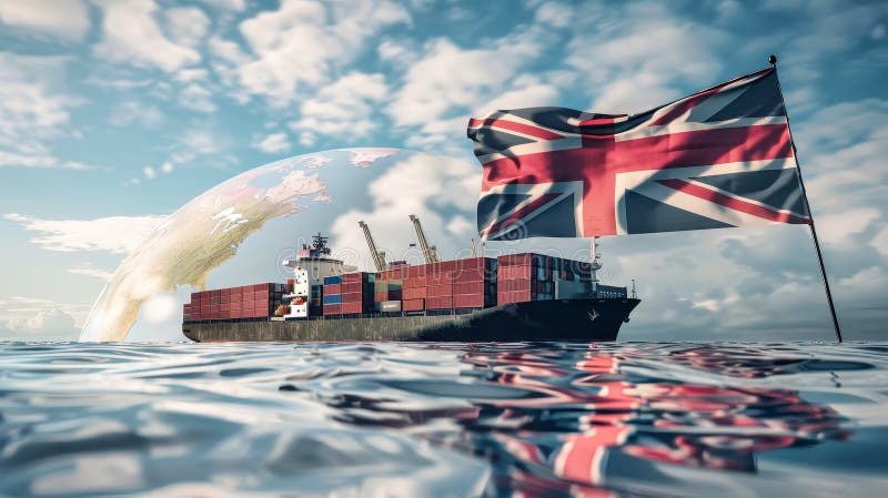 A Splendid British Flag Waves Gracefully Above a Massive Container Ship ...