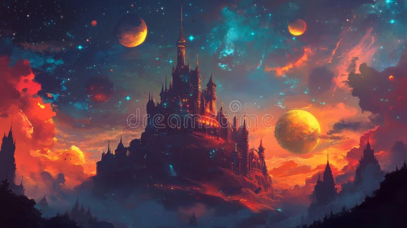 A Splendid Fantasy Castle Beneath a Sky of Stars, with Glowing Planets ...