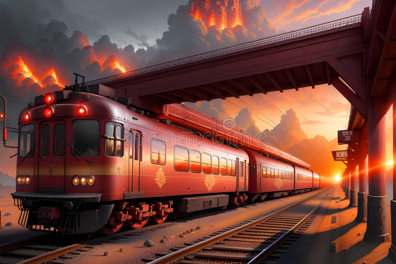 Motorized Train Gliding Beneath an Overpass on Rails, with the Sunset S ...